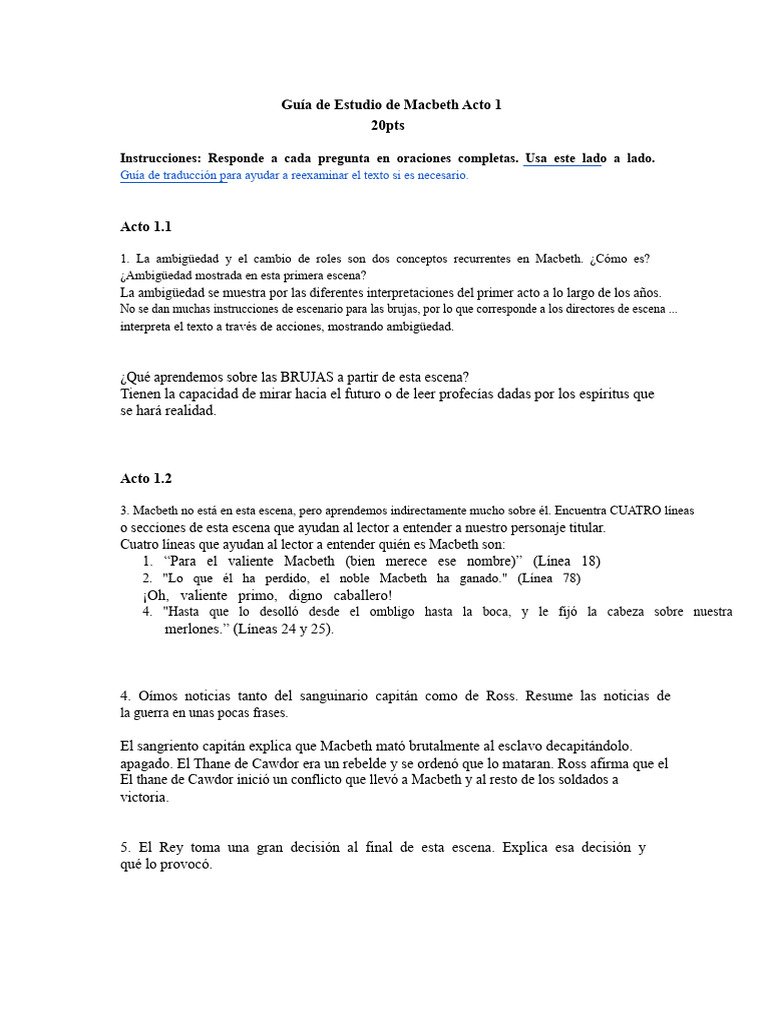 Guía de estudio del Acto 1 de Macbeth.docx | PDF | Macbeth | Tragedias de Shakespeare