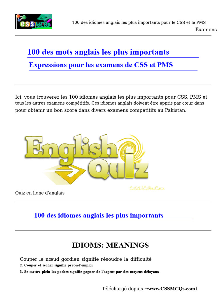 100 idiomes anglais essentiels pour examens | PDF | Langue anglaise ...