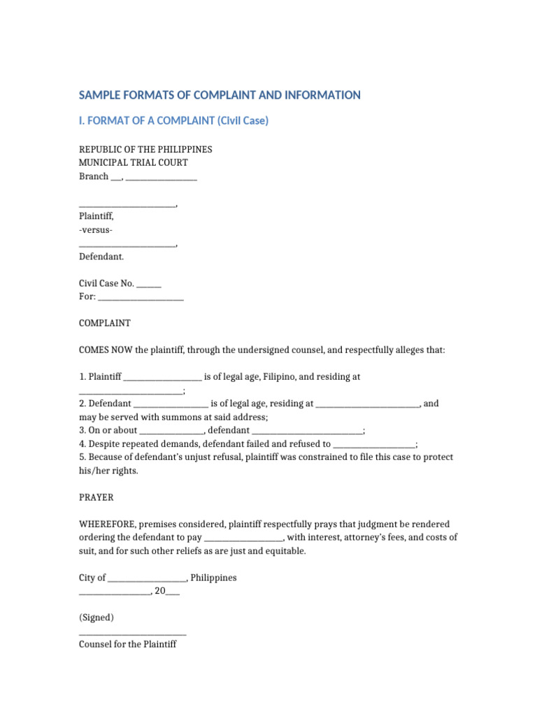 Complaint and Information Formats Philippines | PDF | Lawsuit | Complaint