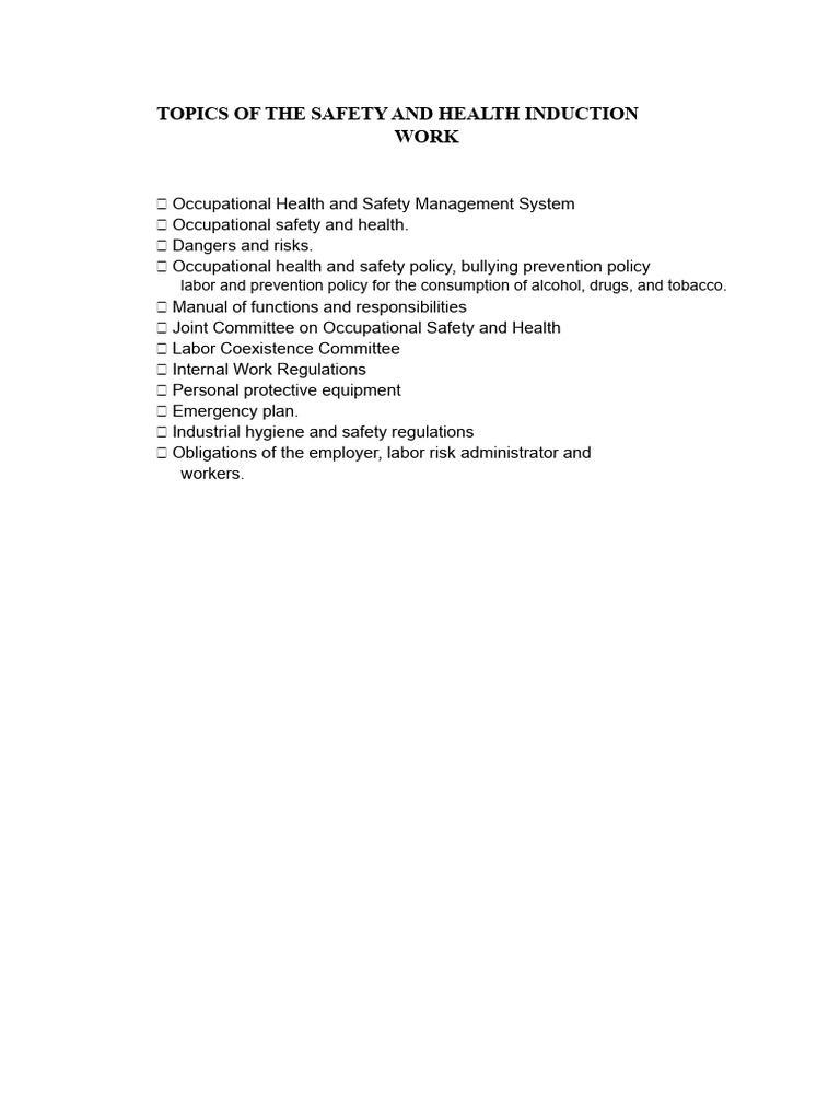 Topics of Workplace Safety and Health Induction | PDF