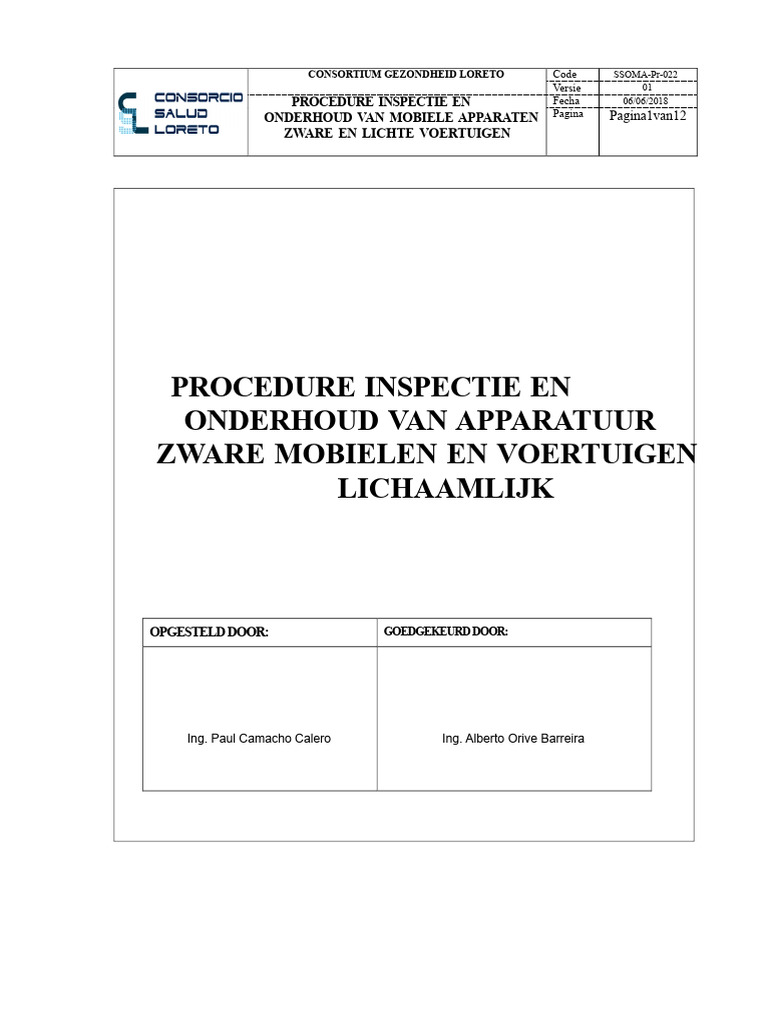 Procedure Inspectie en Onderhoud Van Zware Mobiele Apparaten en Lichte ...