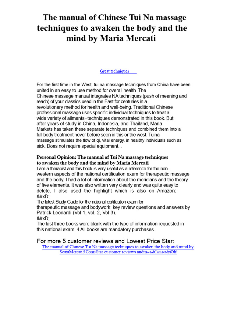 The Manual of Chinese Tui Na Massage Techniques To Awaken The Body and ...