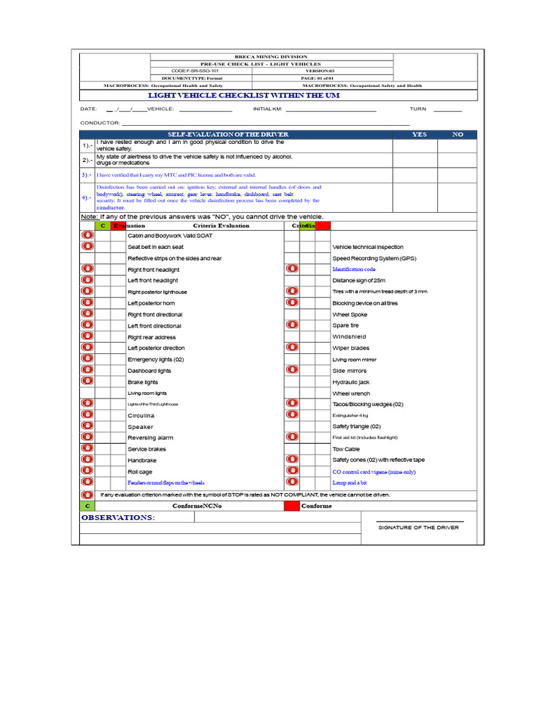 Light Vehicle Pre-Use Safety Checklist | PDF | Vehicles | Land Vehicles
