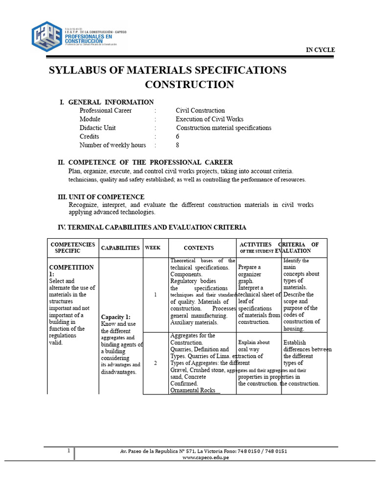 Syllabus of Construction Materials Specifications (Tamayo) | PDF | Cement | Mortar (Masonry)