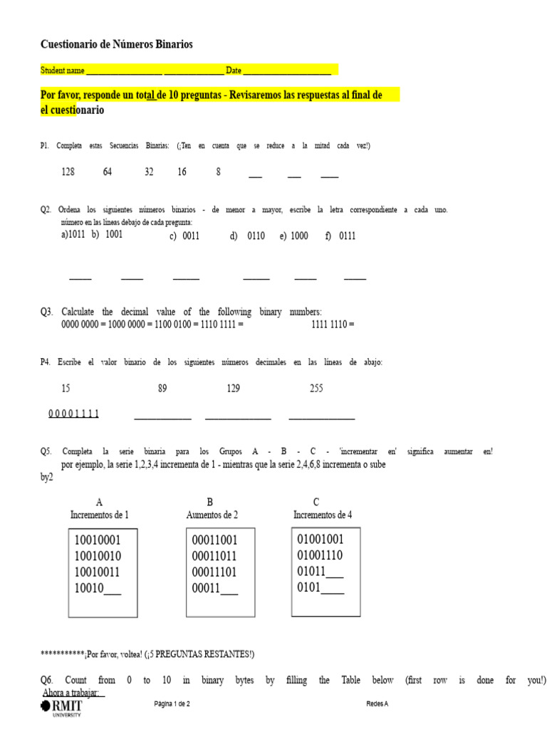 Ejercicio de Quiz de Números Binarios | PDF | Poco | Datos de computadora