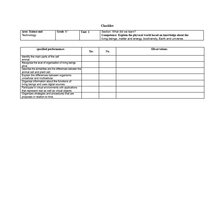 5th Grade Science Learning Checklist | PDF