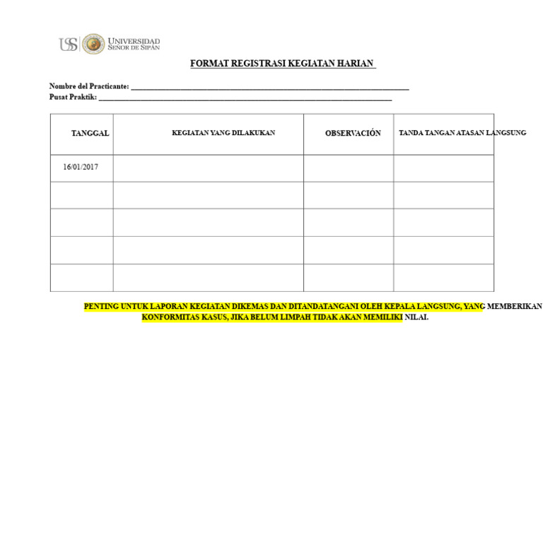 Format Registrasi Kegiatan Harian Praktik | PDF