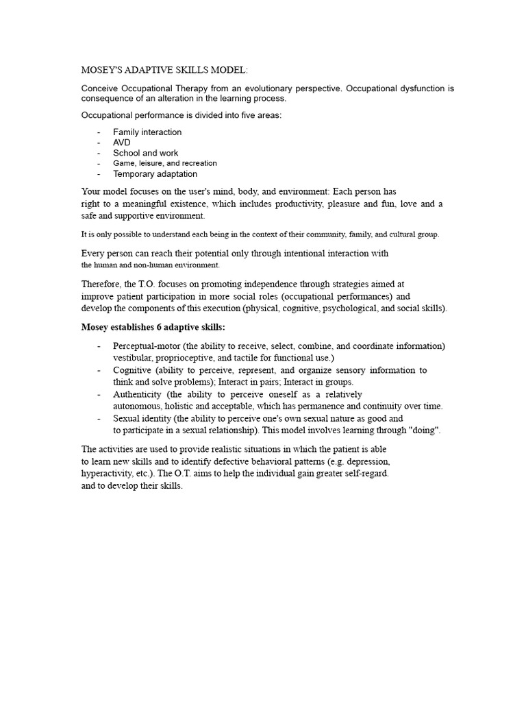 Mosey's Adaptive Skills in Occupational Therapy | PDF