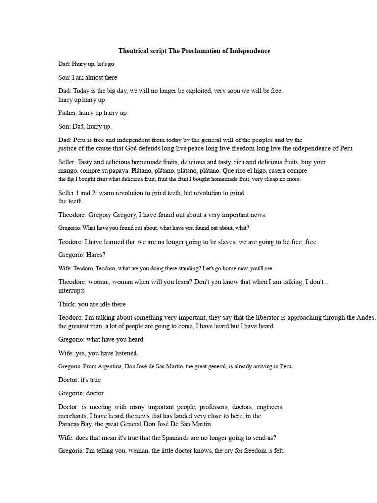 Theatrical Script The Proclamation of Independence | PDF | Peru