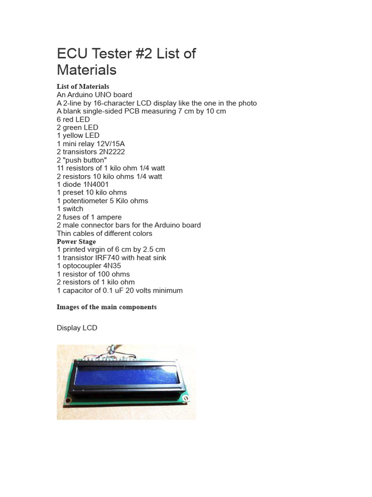 ECU Tester #2 Materials List | PDF