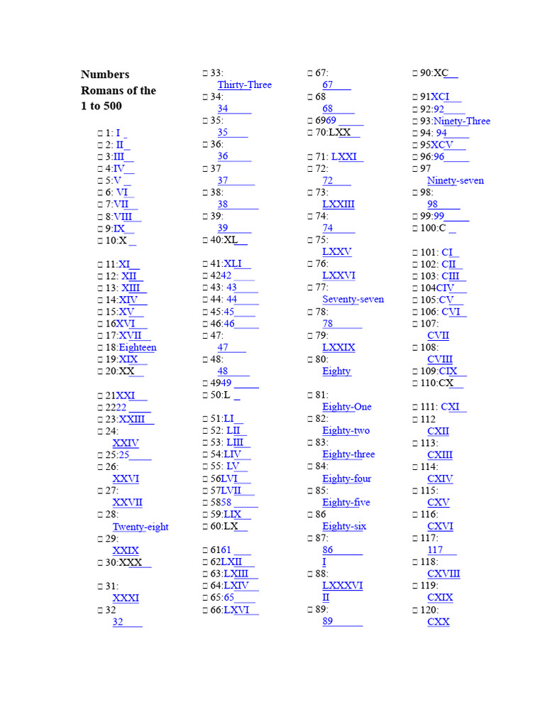 Roman Numerals 1 to 500 Guide | PDF | Chinese Literature