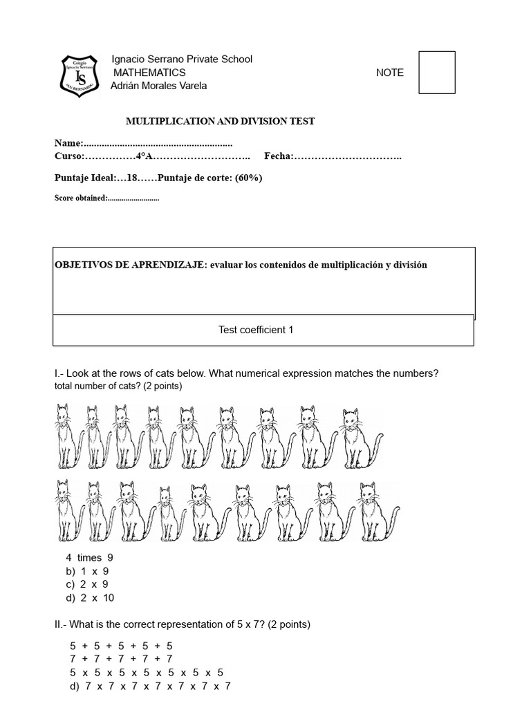 test 4th grade multiplication and division (2) | PDF