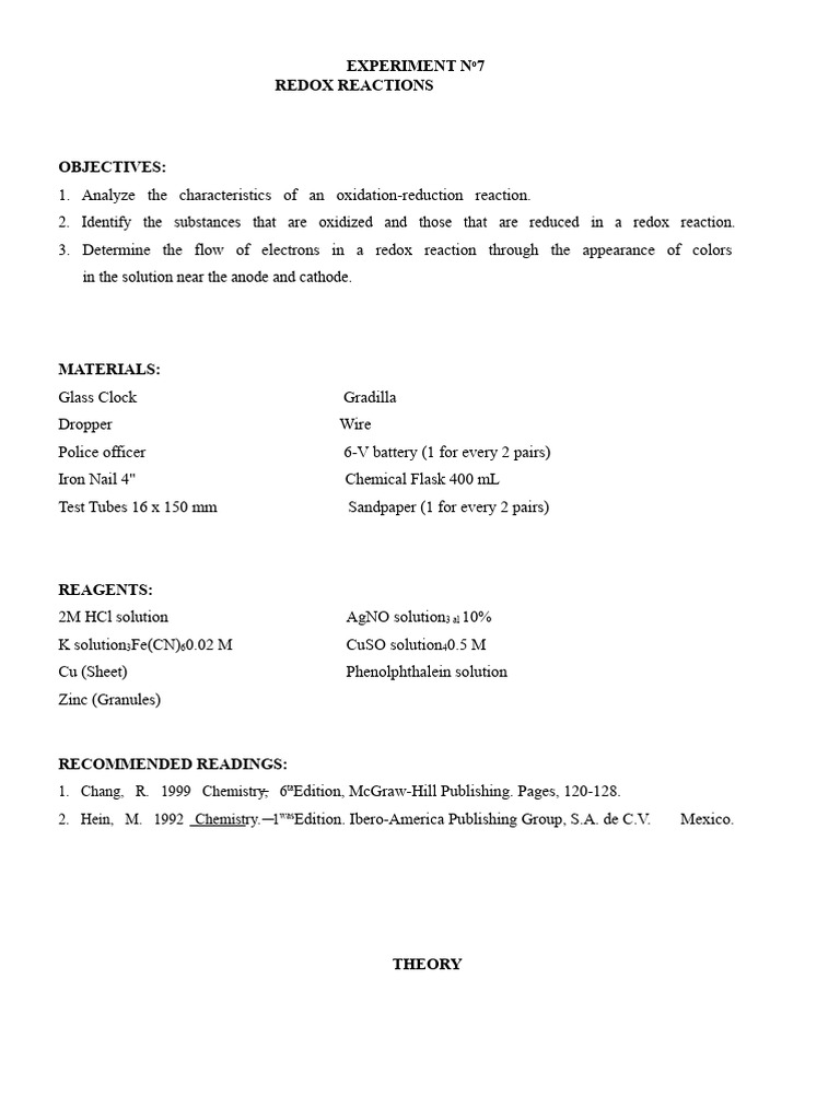 Experiment No. 7 - Redox Reactions | PDF | Redox | Ion