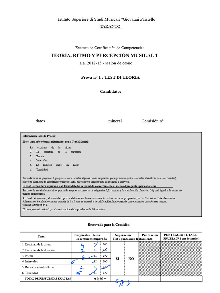 Examen Teoría Musical: Certificación 2012-13 | PDF | Escala (música ...