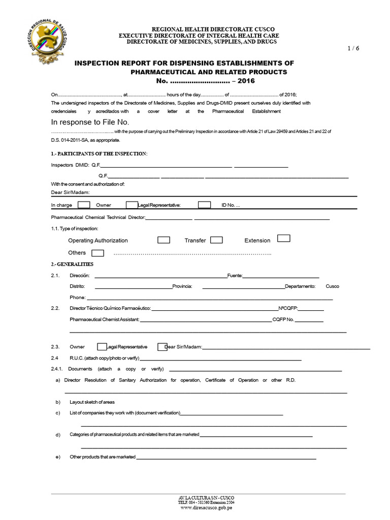 Inspection Report of Pharmacies and Drugstores | PDF | Medical ...