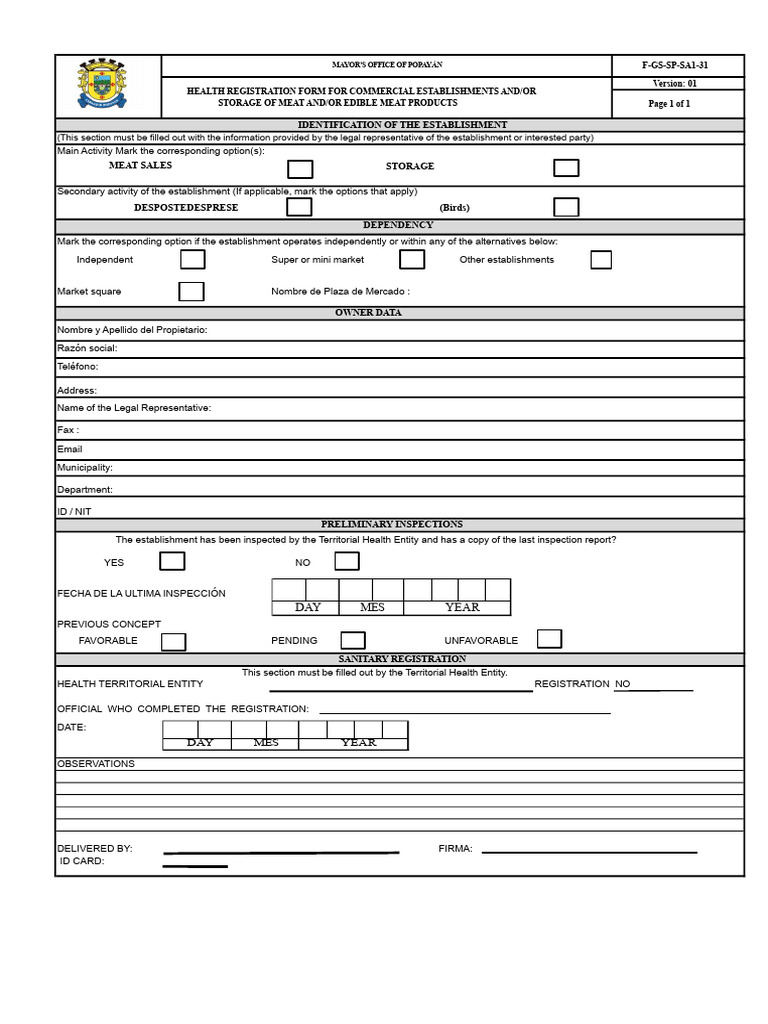 SANITARY REGISTRATION FORM FOR ESTABLISHMENTS FOR THE SALE AND OR ...