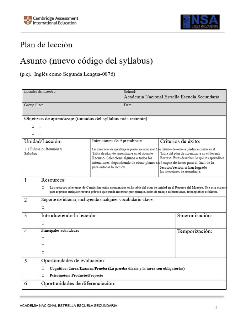 Template de Plan de Lección de Cambridge Nsa JHS - Más Nuevo | PDF | Aprendizaje | Cognición