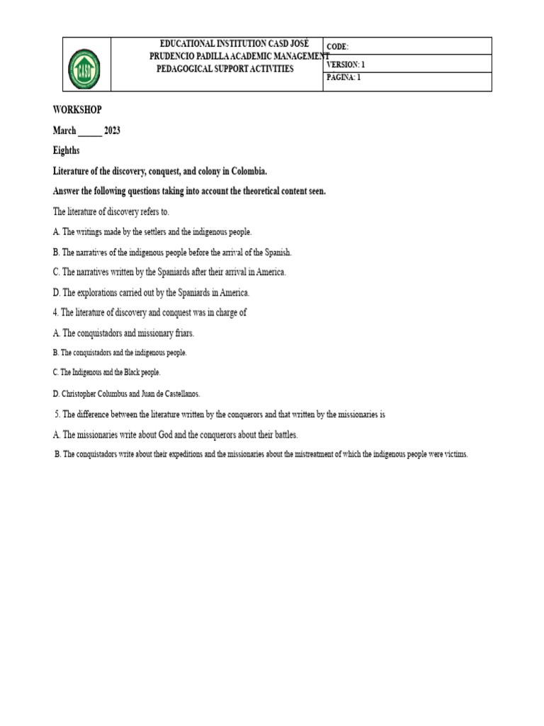 WORKSHOP (Eighths) Literature of The Discovery, Conquest, and Colony of ...