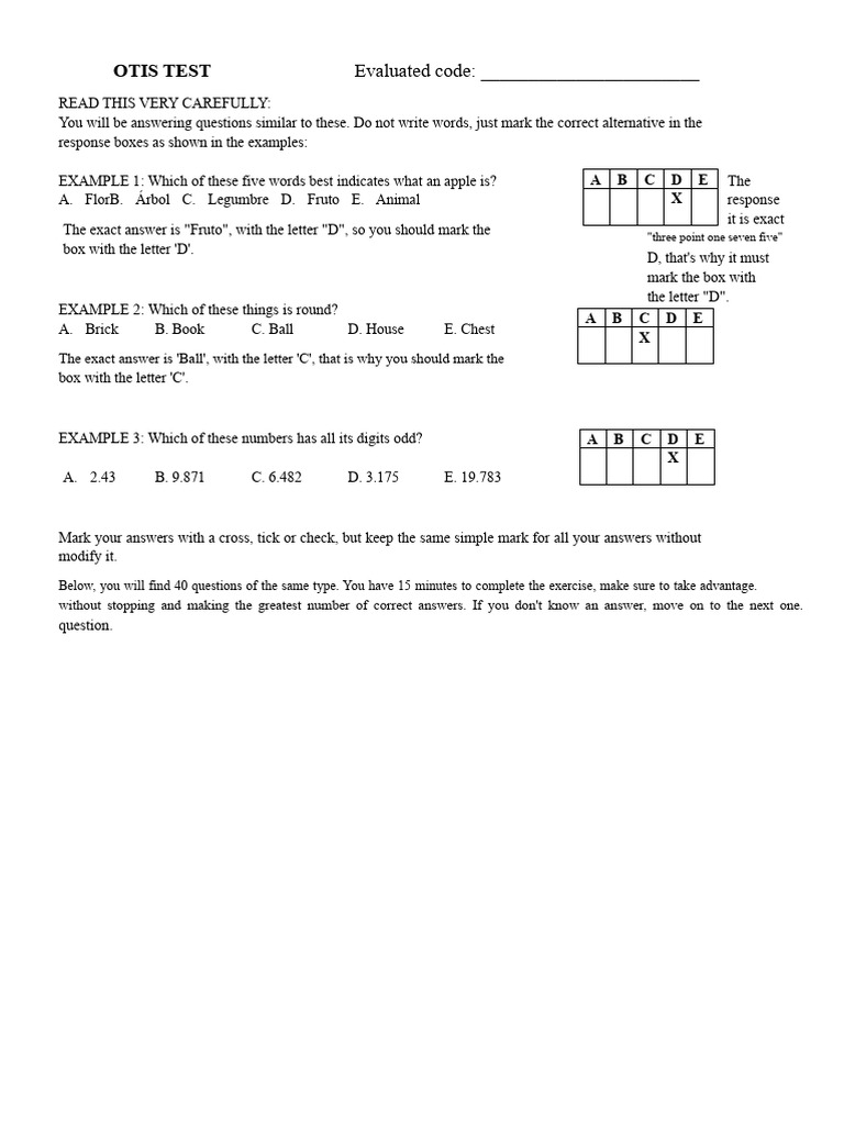 OTIS Test Answer Sheet and Instructions | PDF | Multiple Choice