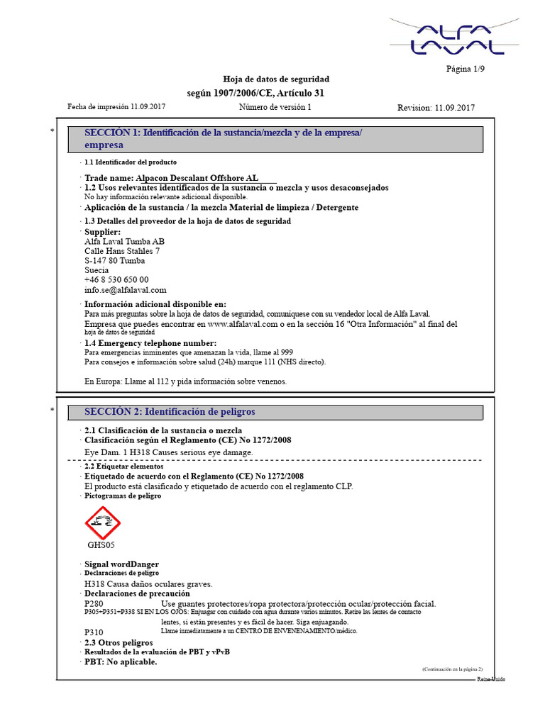Alpacon Desincrustante Offshore | PDF | Agua | Residuos