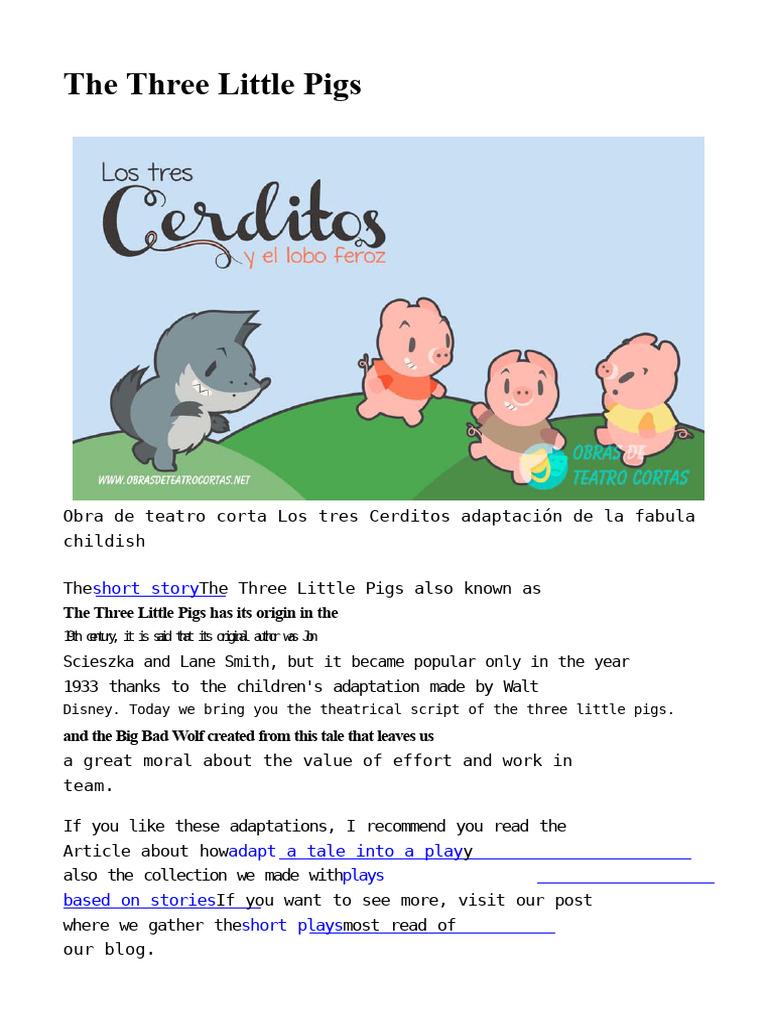 The Three Little Pigs: Short Play Script | PDF | Pig