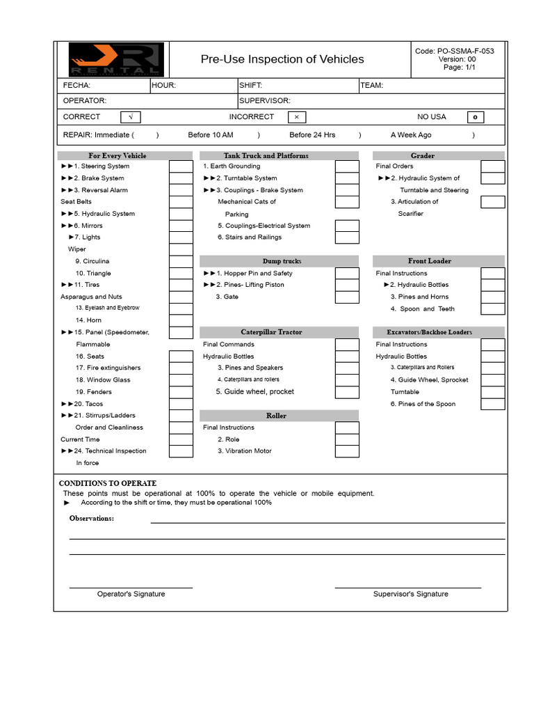 PO-SSMA-F-053 Pre-Use Checklist For Yellow Line v.00 | PDF | Loader ...
