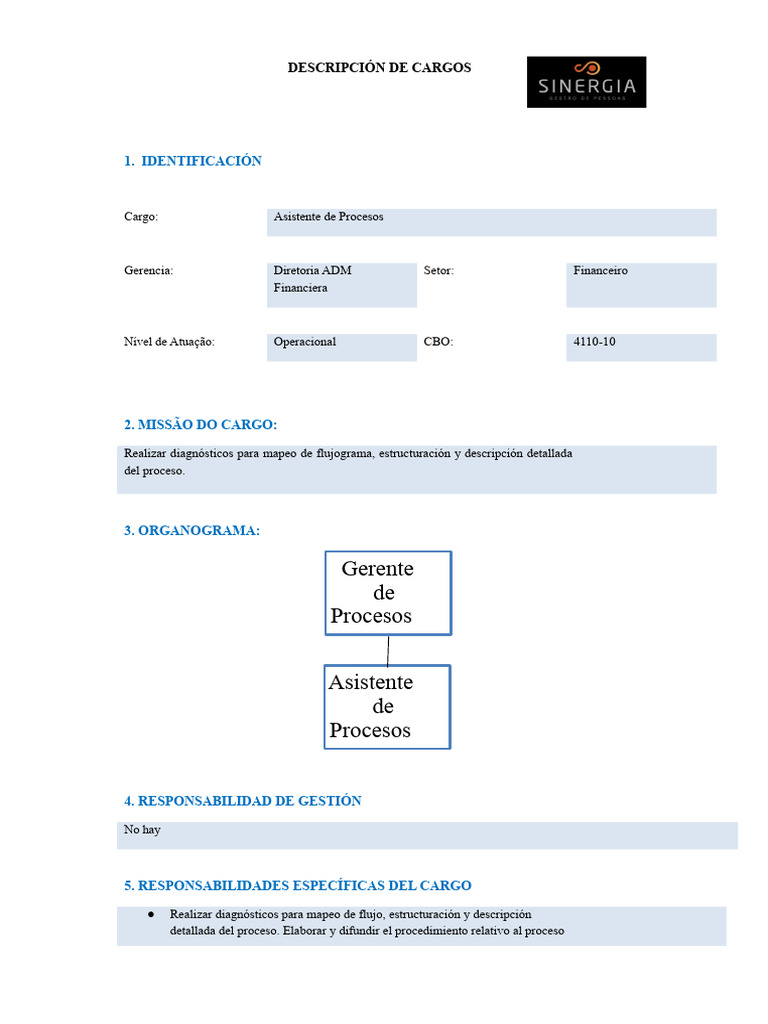 Descripción Del Cargo Asistente de Procesos | PDF | Planificación