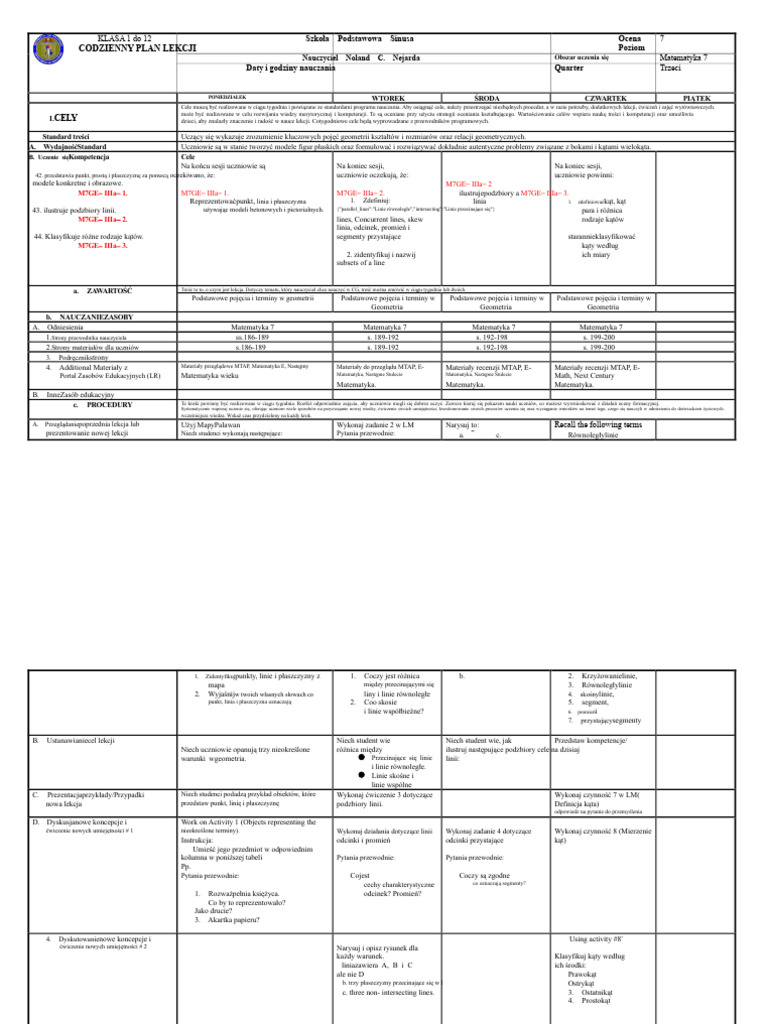 DLL Matematyka Klasa 7 Kwartal 3 Tydzień 1 PDF Darmowy | PDF