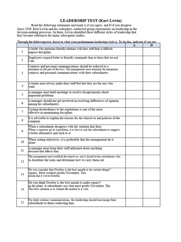 Kurt Lewin Leadership Styles Test | PDF | Leadership