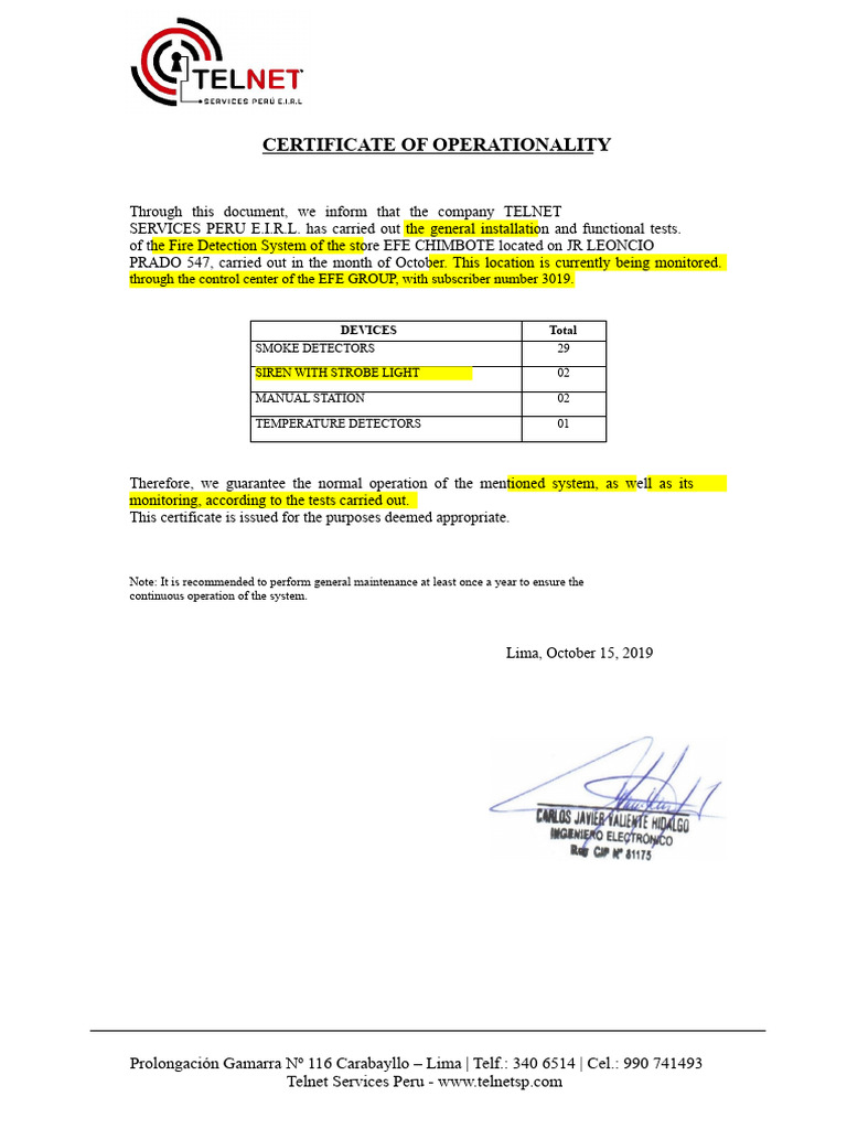 Operational Certificate EXAMPLE | PDF