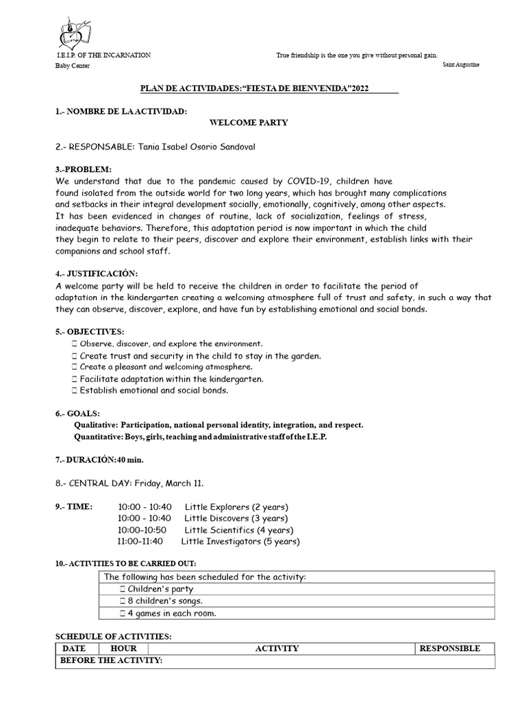 Welcome Party Plan for Kindergarten 2022 | PDF