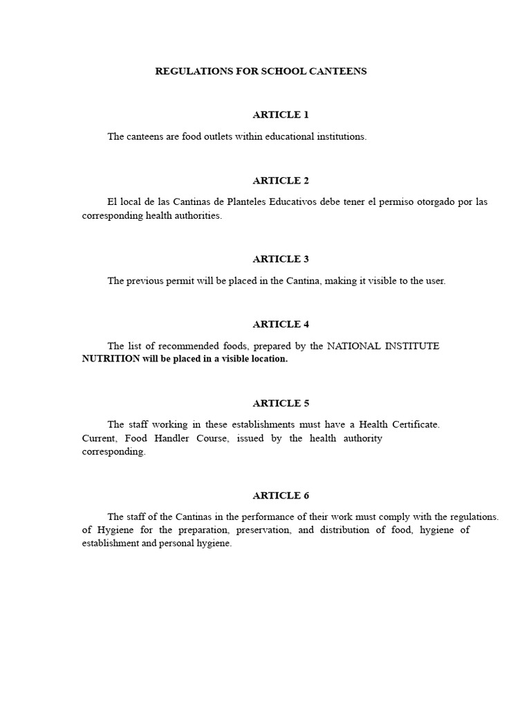 School Canteen Regulations | PDF | Cafeteria | Food Industry