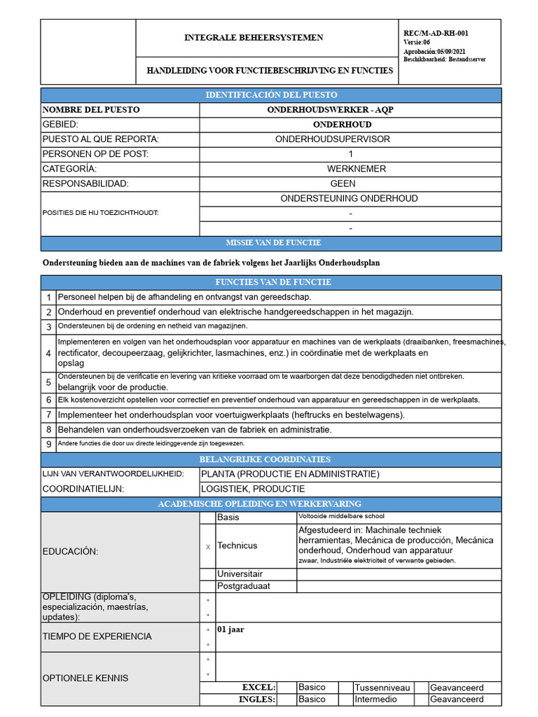 Profiel Van de Functie Van Onderhoudswerkers | PDF
