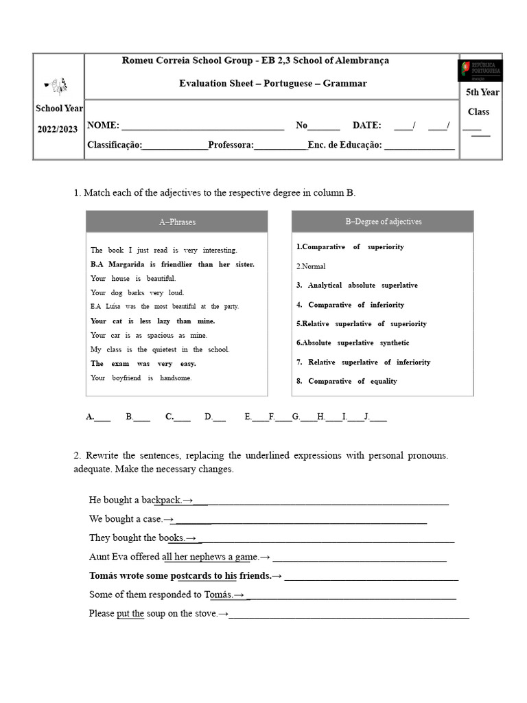 5th Grade Test - March - Grammar | PDF | Grammatical Number | Languages