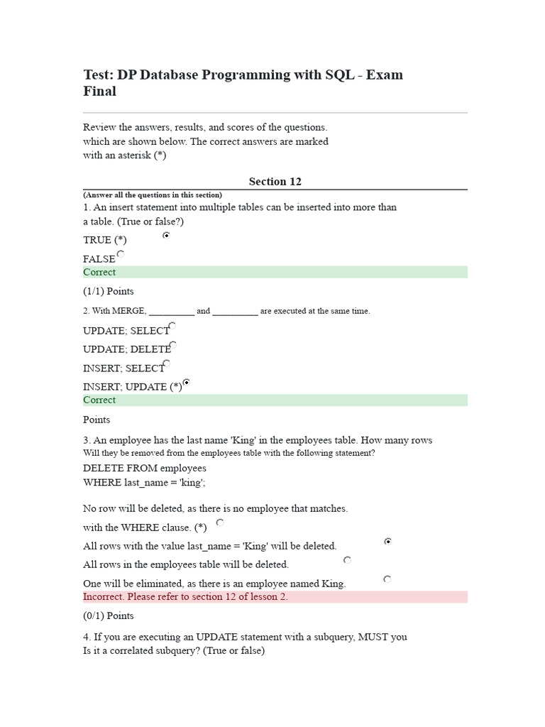 DP Database Programming with SQL - Final Exam | PDF | Sql | Databases