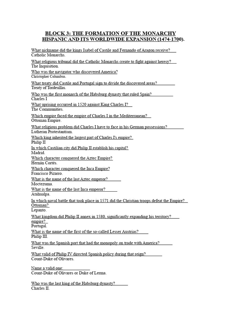 Short Questions Block 3 | PDF | Spanish Inquisition | Spanish Empire