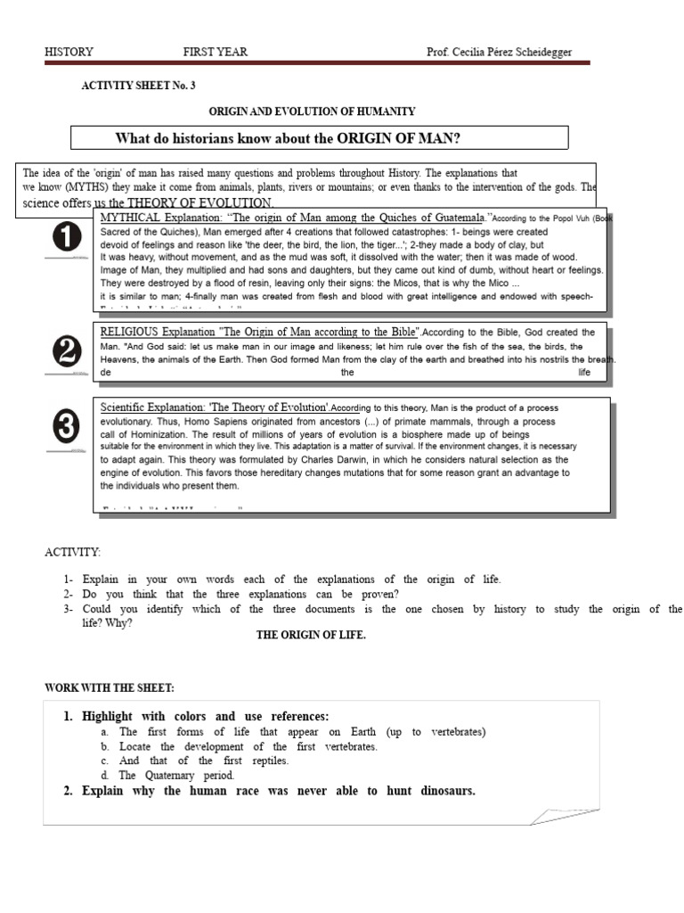 ACTIVITY SHEET No. 3 The Origin of Man | PDF | Evolution | Abiogenesis