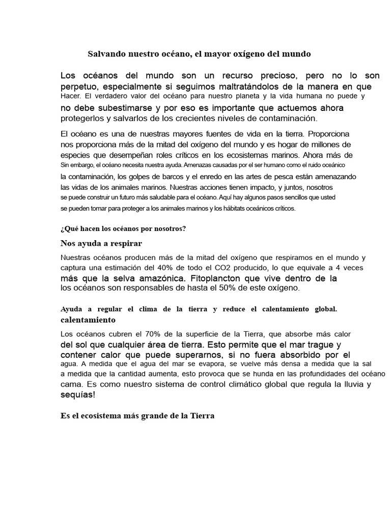 Salvando Nuestro Océano. Comprensión de Lectura | PDF | Océanos | Tierra