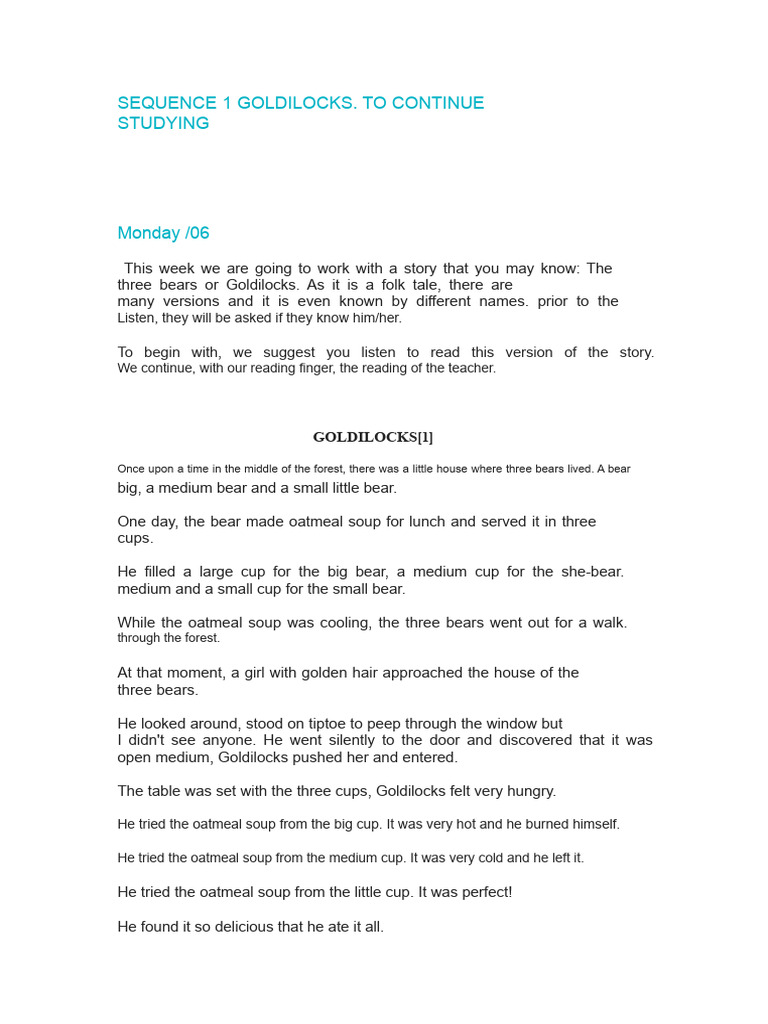 Sequence 1 Goldilocks | PDF | Goldilocks And The Three Bears