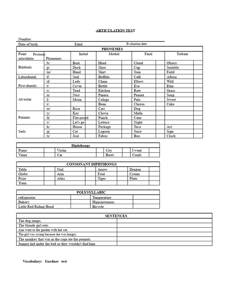 Articulation Test for Phoneme Evaluation | PDF | Phonetics | Linguistics