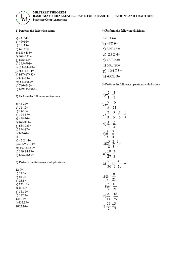 Basic Math Challenge: Operations & Fractions | PDF | Subtraction | Numbers