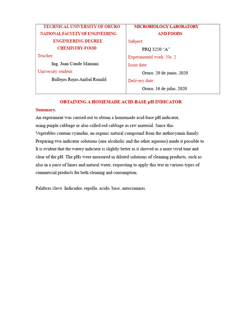 Lab. 2 Obtaining A Homemade PH Indicator PDF | PDF | Bleach | Chemistry