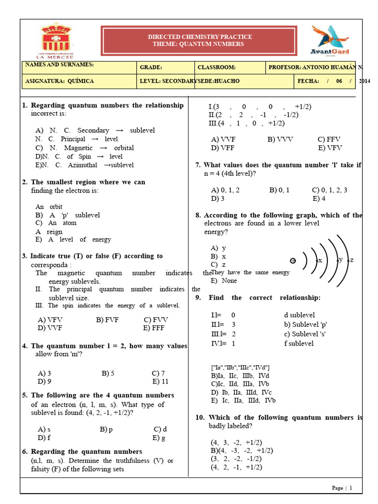 Quantum Numbers Chemistry Practice | PDF | Atomic Orbital | Applied And ...