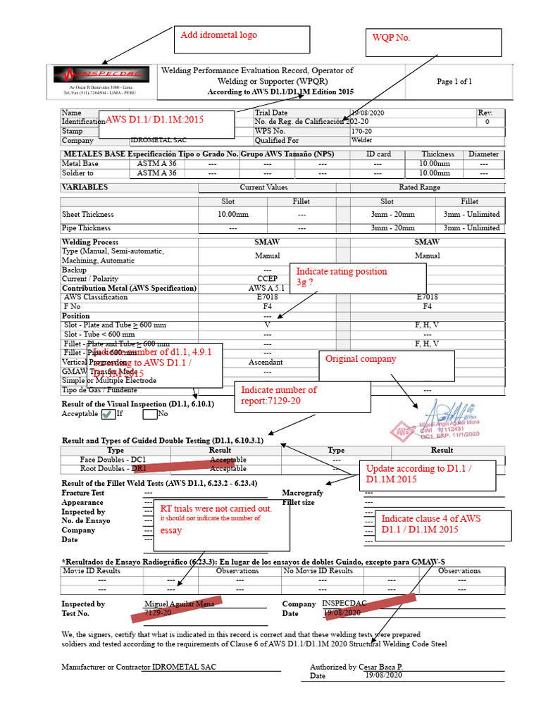 Welding Performance Evaluation Record, Operator of Welding or Supporter ...
