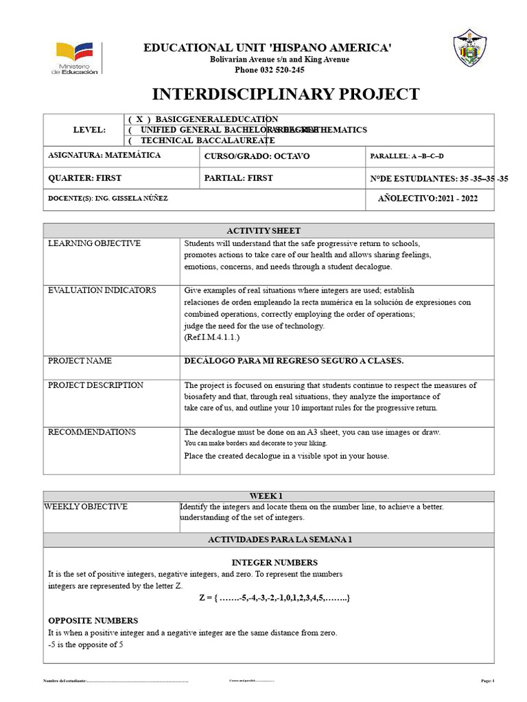 Interdisciplinary Project Sheet Math 8TH Grade | PDF | Subtraction ...