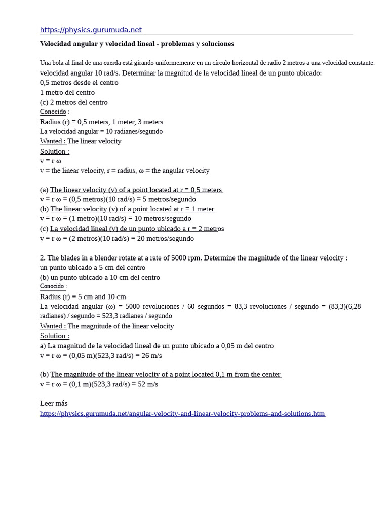 Problemas y Soluciones de Velocidad Angular y Velocidad Lineal PDF | PDF