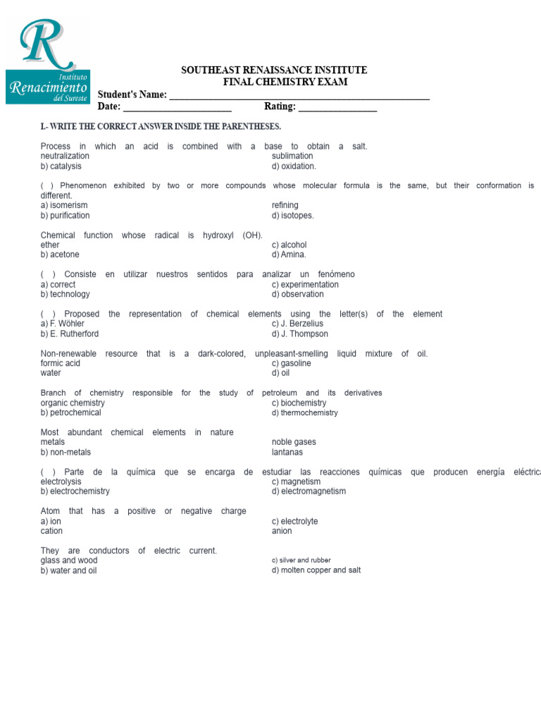 Final Exam Chemistry | PDF | Chemistry | Ion