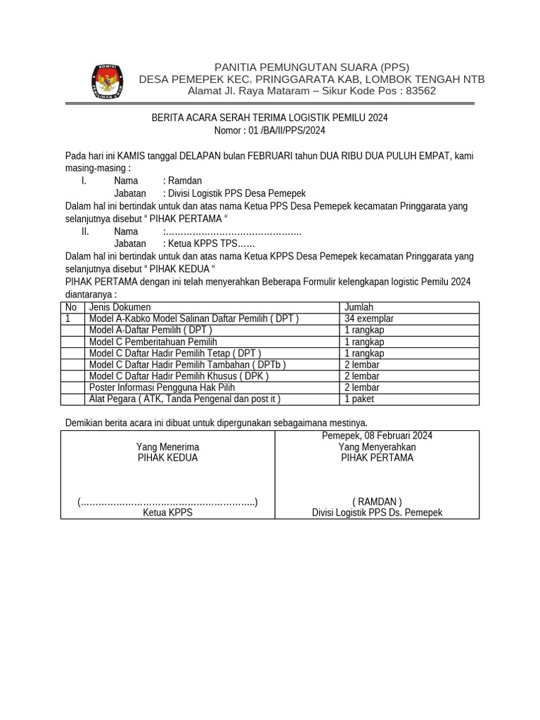 Ba Serah Terima Logitik Pemilu 2024 | PDF