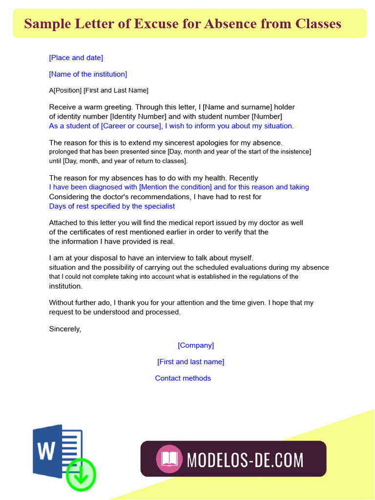 Model of Excuse Letter For Absence From Classes | PDF