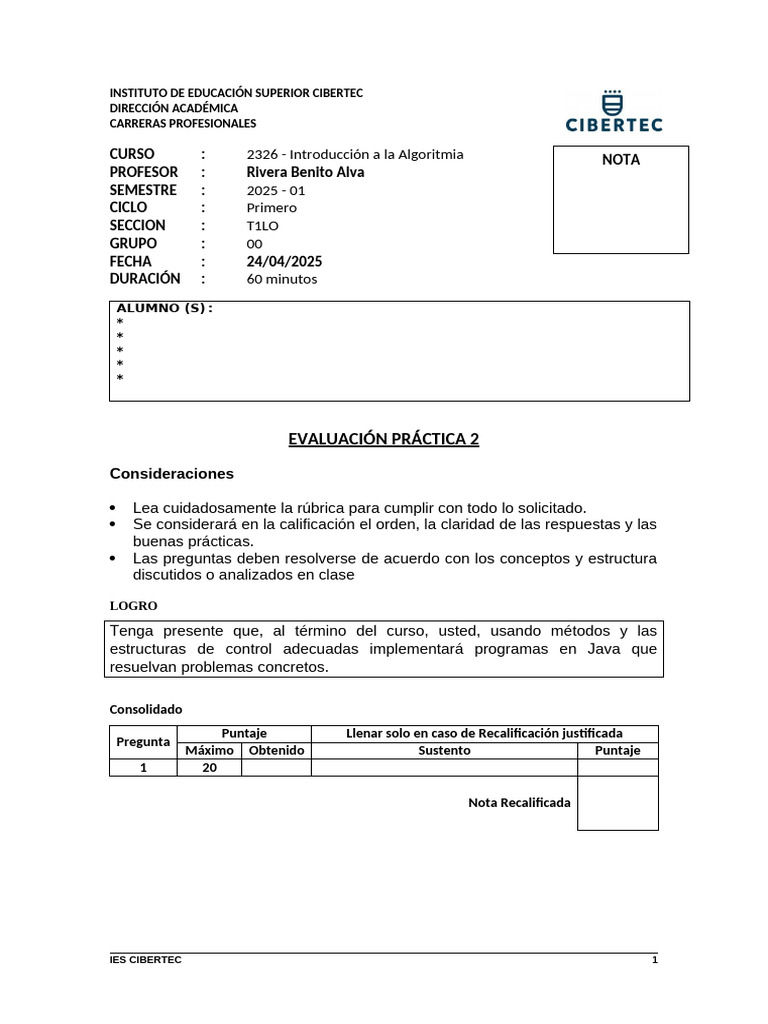 Rivera Benito Alva Introduccion Algoritmia T1LO T2 ApellidosNombres | PDF